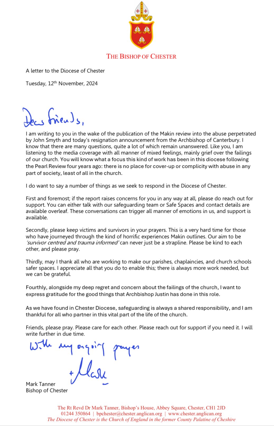Letter from Bishop Mark Tanner to the Diocese of Chester on the ...