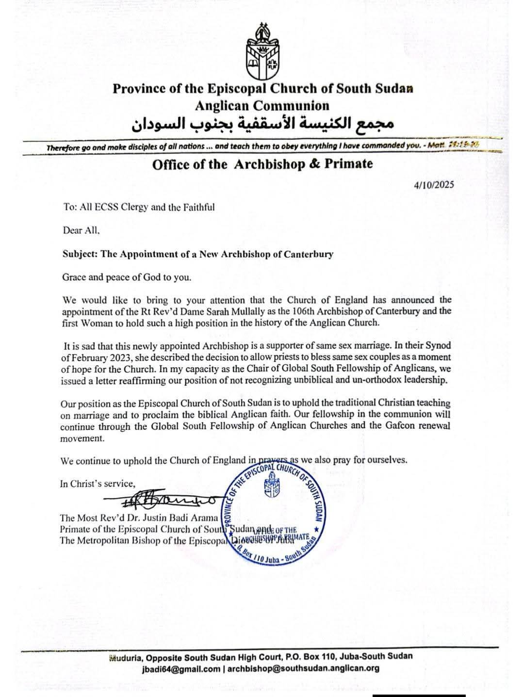 Archbishop of Juba's statement on the appointment of a new Archbishop ...